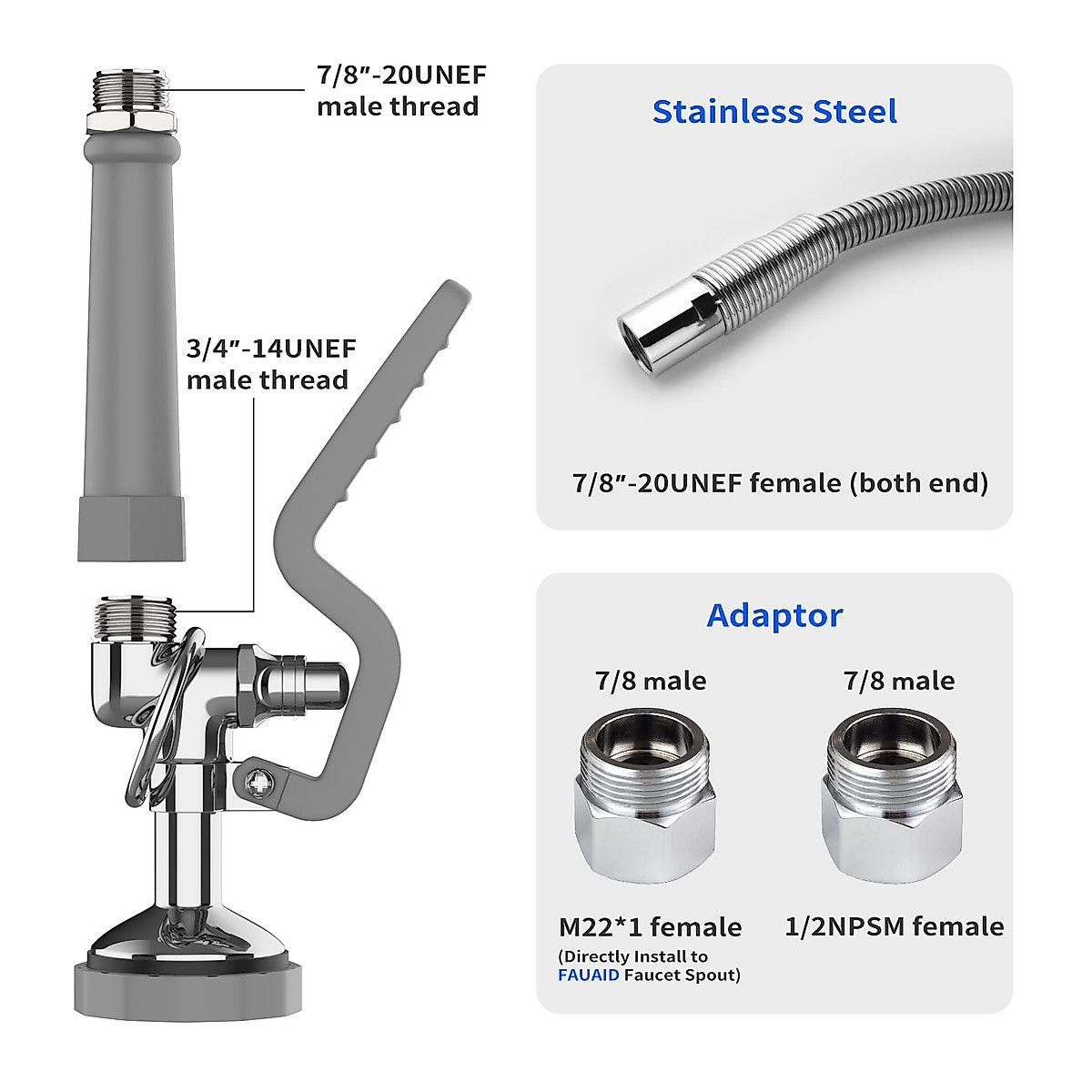 FAUAID Pre Rinse Spray Valve with 45” Stainless-Steel Pre Rinse Hose,1.42 GPM Pre Rinse Sprayer Commercial Sink Sprayer with Ergonomic Handle Commercial Faucet Parts,Fit for Dish Washing Sprayer（Gray）