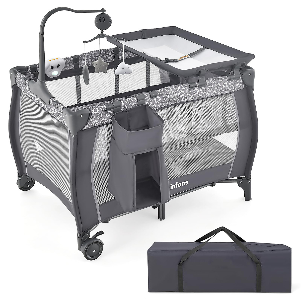 INFANS 3 in 1 Pack and Play, Portable Travel Baby Crib Bassinet with Detachable Mattress, Newborn Changing Table, Foldable Playpen with Carry Bag and 2 Wheels (Classic)