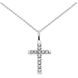 Religious Jewelry by FDJ 14K White Gold 1/20 Cttw Diamond Accented Dainty Linear Cross Charm Pendant Necklace with Rolo Chain (K-M Color) - 16" Chain
