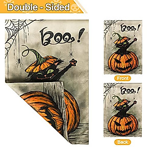HOSCAPE Halloween Garden Flag 12.5 x 18 Inch Vertical Double Sided, Pumpkin Spider Cat Boo Halloween Flags Burlap Small House Yard Flag for Outdoor Indoor Decoration