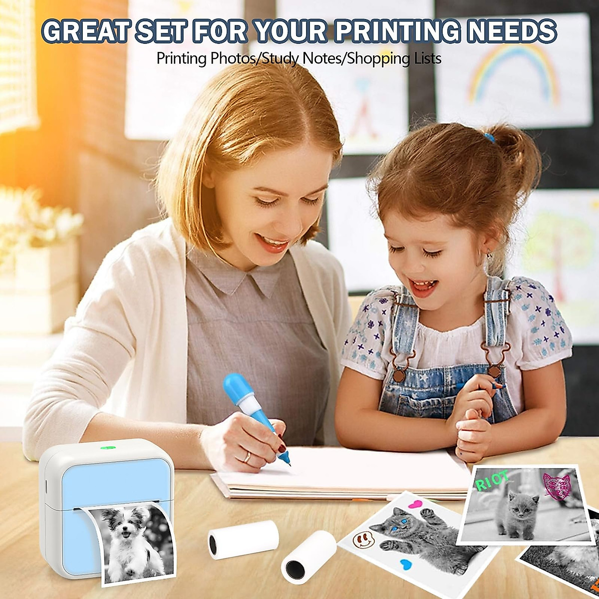 HUIJUTCHEN Mini Pocket Printer for iPhone/Android, Portable Mini Thermal Printer with 10 Rolls Non-Sticky Thermal Papers, Blue-Tooth Thermal Mini Printer for Journal Memo Notes Photo Study, Blue