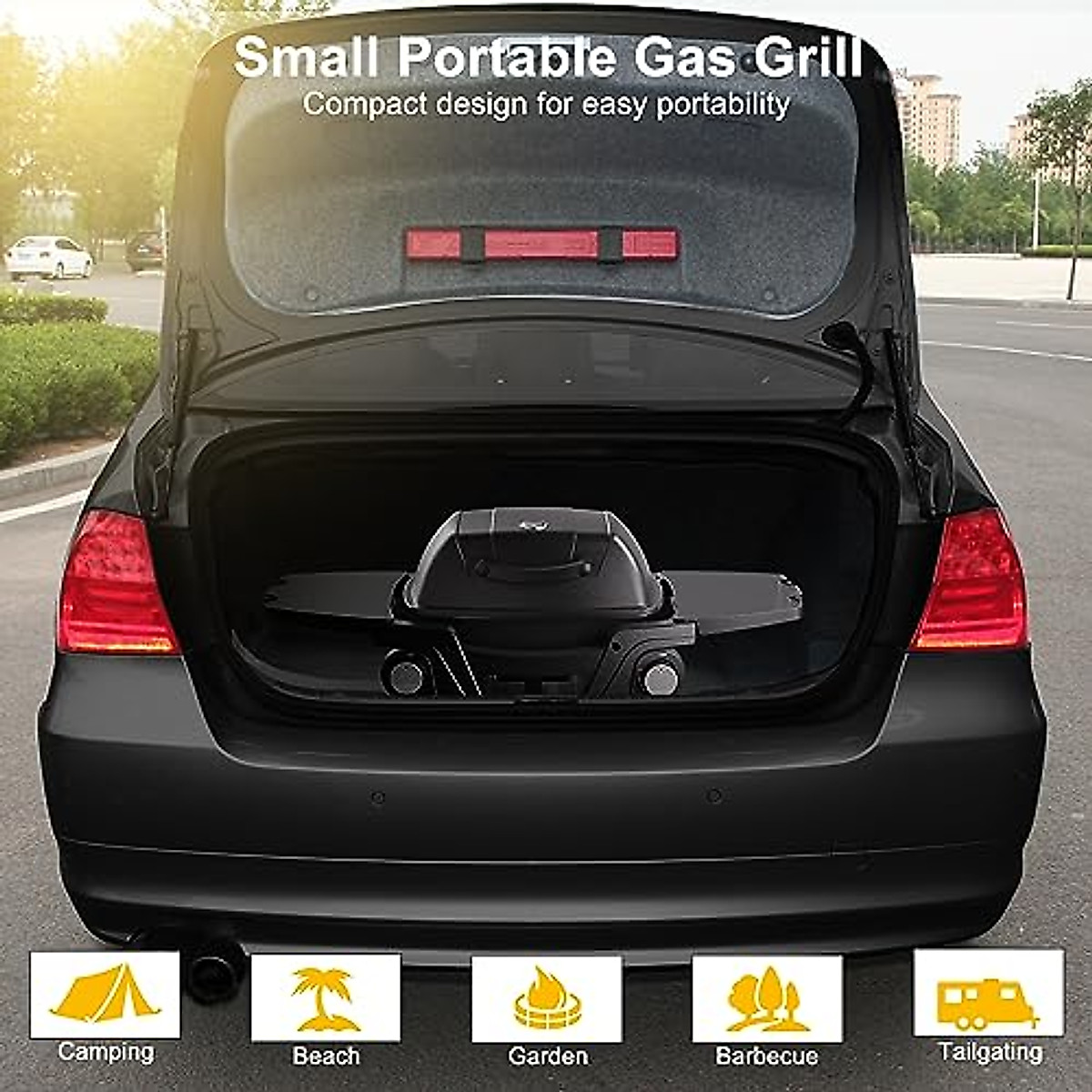 Portable Propane Gas Grill, 2-Burner Portable Gas Grill Small Tabletop Gas Grill, 24000BTU BBQ Outdoor Griddle Gas Grill with Removable Side Tables, Thermometer, Regulator, Gas Hose, Black