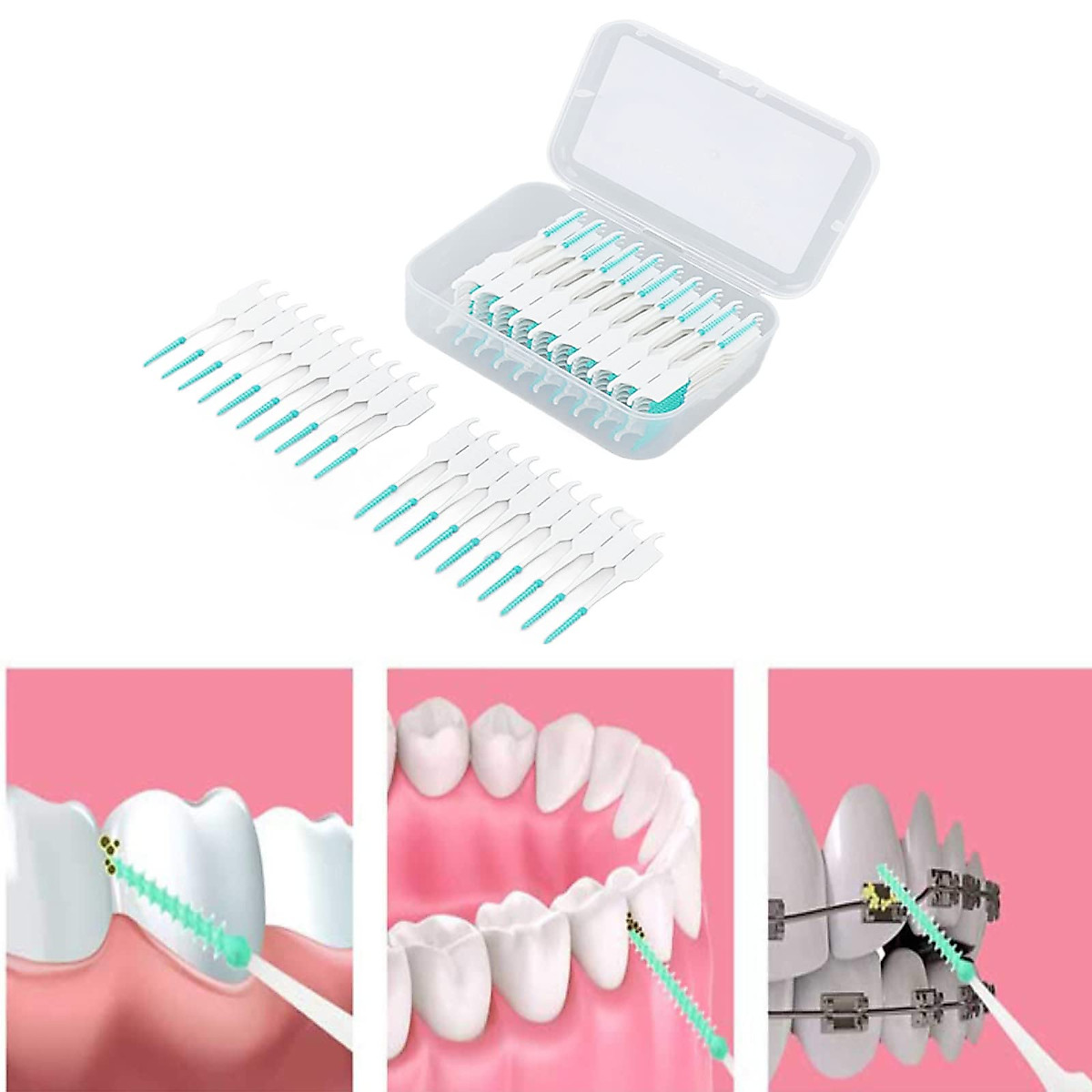 Mumusuki 200pcs Portable Interdental Toothpicks Interdental Brush Soft Silicone Head Floss Toothpick Brush with Case for Oral Care(Mint Green)