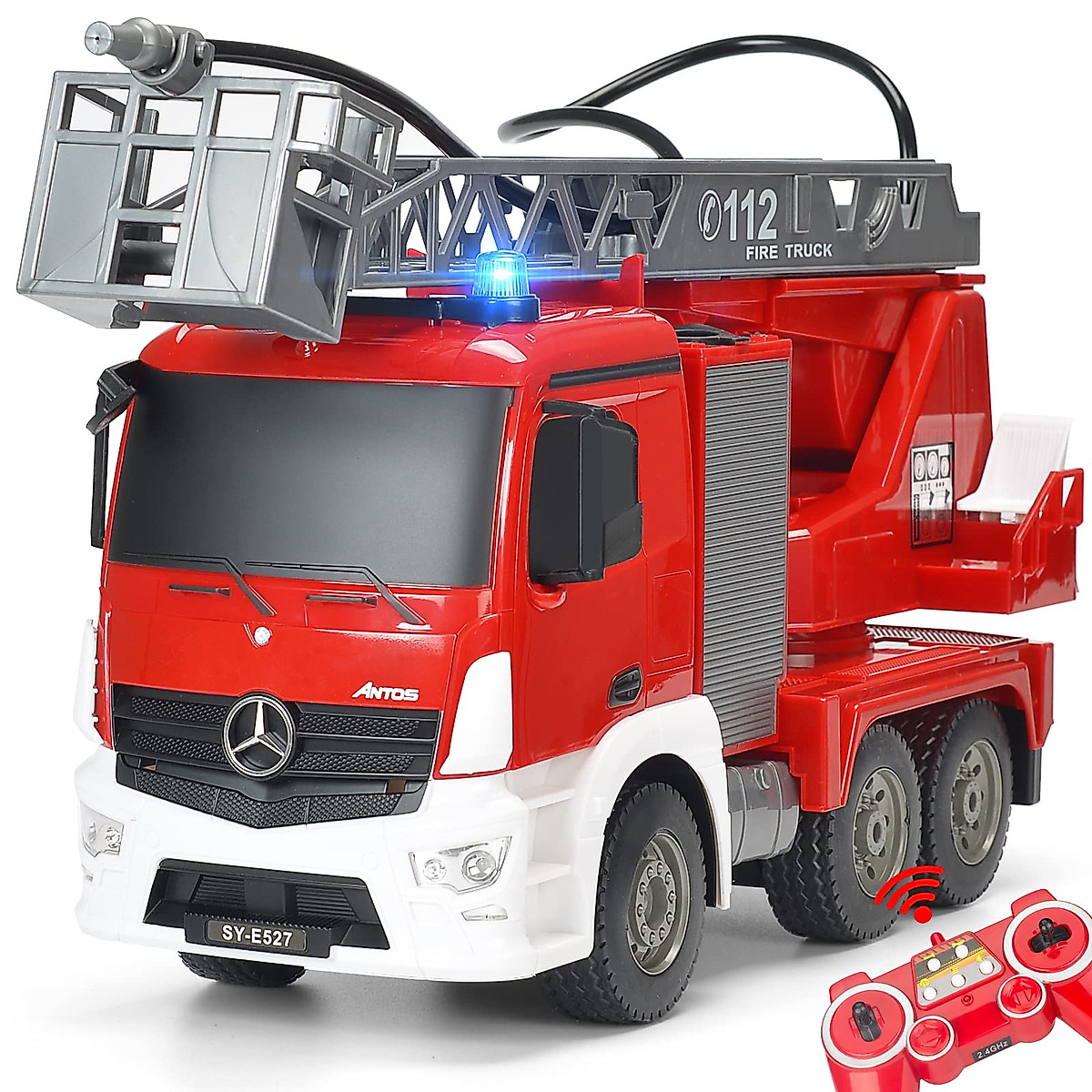 Benz Licensed Remote Control Fire Truck, RC Fire Truck Toy, Rechargeable Construction Truck Toys with Alarm Lights, Hose, Working Water Pump and Rotating Rescue Ladder Fire Truck Toys Gift for Kids