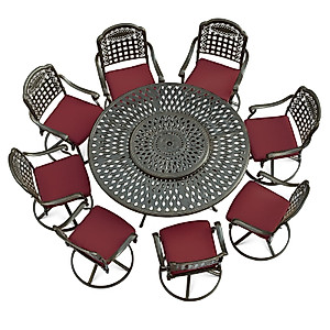 VIVIJASON 9-Piece Outdoor Furniture Dining Set, Rust-Free Cast Aluminum Patio Conversation Set, Include 8 Swivel Dining Chairs & 61" Round Dining Table with 31" Lazy Susan, Umbrella Hole, Red
