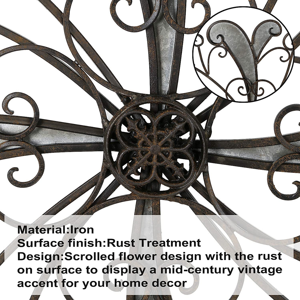 Adeco Rustic Urban Flower Scrolled Design, Metal Wall Hanging Decor For Nature Home Art Decoration & Kitchen Holiday Wall Decorations, Christmas Wall Art Gifts - 25x25 Inches