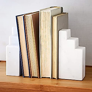 Main + Mesa Geometric Marble Bookends, White, Set of 2