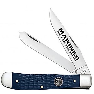CASE XX Marines USMC Jigged Blue Synthetic Trapper Stainless Pocket Knife, 13195