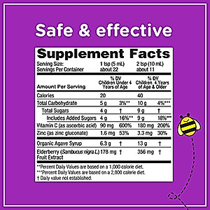 Zarbee's Elderberry Syrup for Kids, Daily Immune Support with Vitamin C & Zinc, Childrens Liquid Supplement, Natural Berry Flavor, 4 fl oz