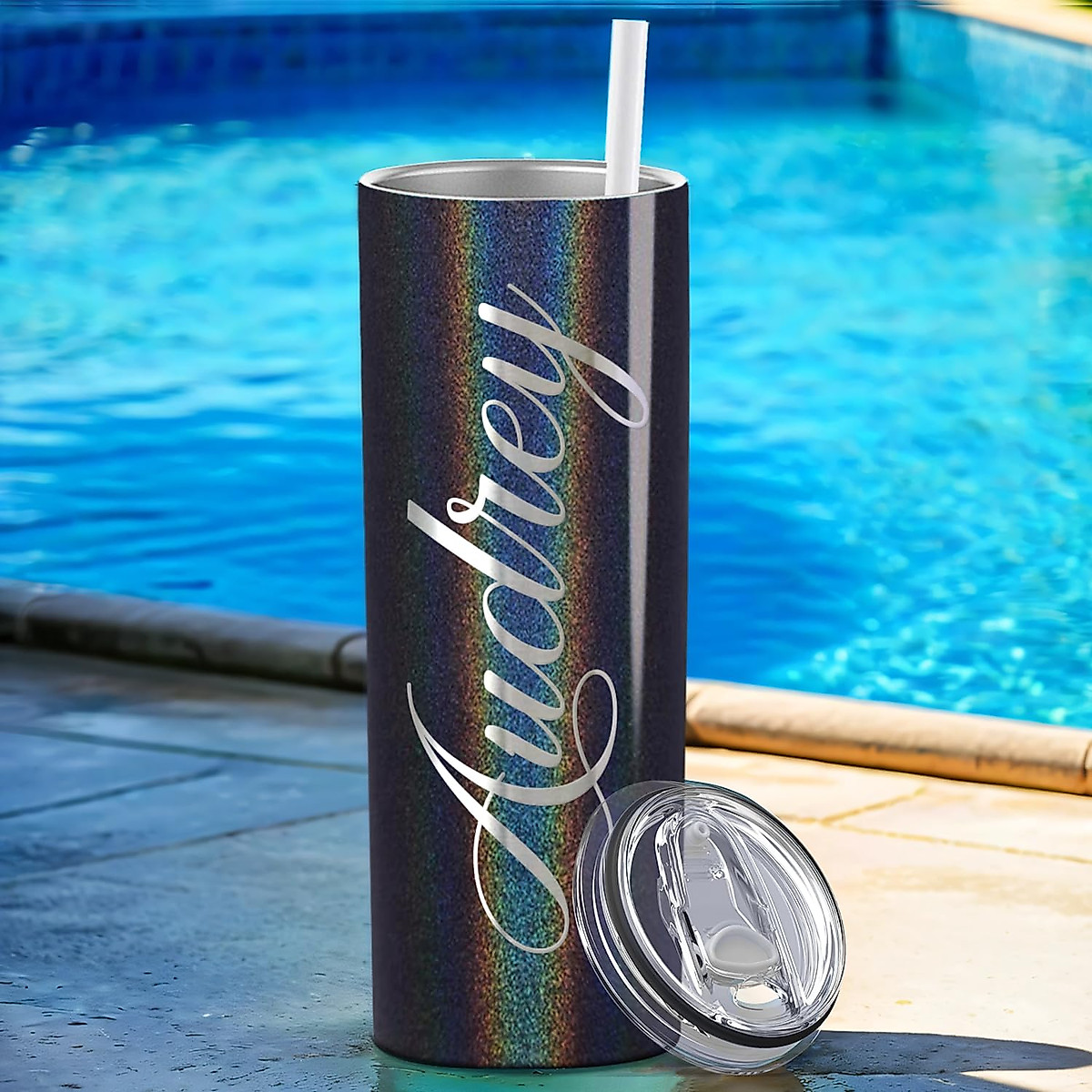 Personalized Skinny 20 oz with Lid on Black Glitter Customized Laser Engraved Cup Gift Stainless Steel Vacuum Insulated Mug