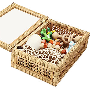 Set of 2 Boho Rectangular Rattan Decorative Boxes with Glass Lids Woven Cane and Rattan Display Boxes with Lids Storage Basket Bins for Home Decor (15.4 x 9.5 x 7.1 Inch, 12.6 x 6.7 x 4.3 Inch)