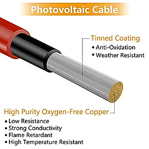 PHITUODA 5FT Black + Red 10AWG(6mm²) Solar Panel Extension Cable Wire, Solar Adaptor Cable with Female and Male Connector - Set of 2