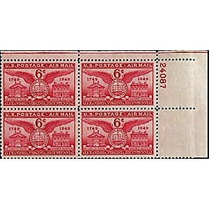 US postage stamps- MNH plate block of 4 x 6 cents- 1949 6c Airmail Alexandria, VA - Catalog # C40
