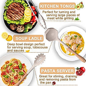 Kitchen Utensils Set- 13 Pcs Cooking Utensils with Tongs, Spoon Spatula &Turner Made of Heat Resistant Food Grade Silicone and Wooden Handles Kitchen Gadgets Tools Set for Nonstick Cookware (Khaki)