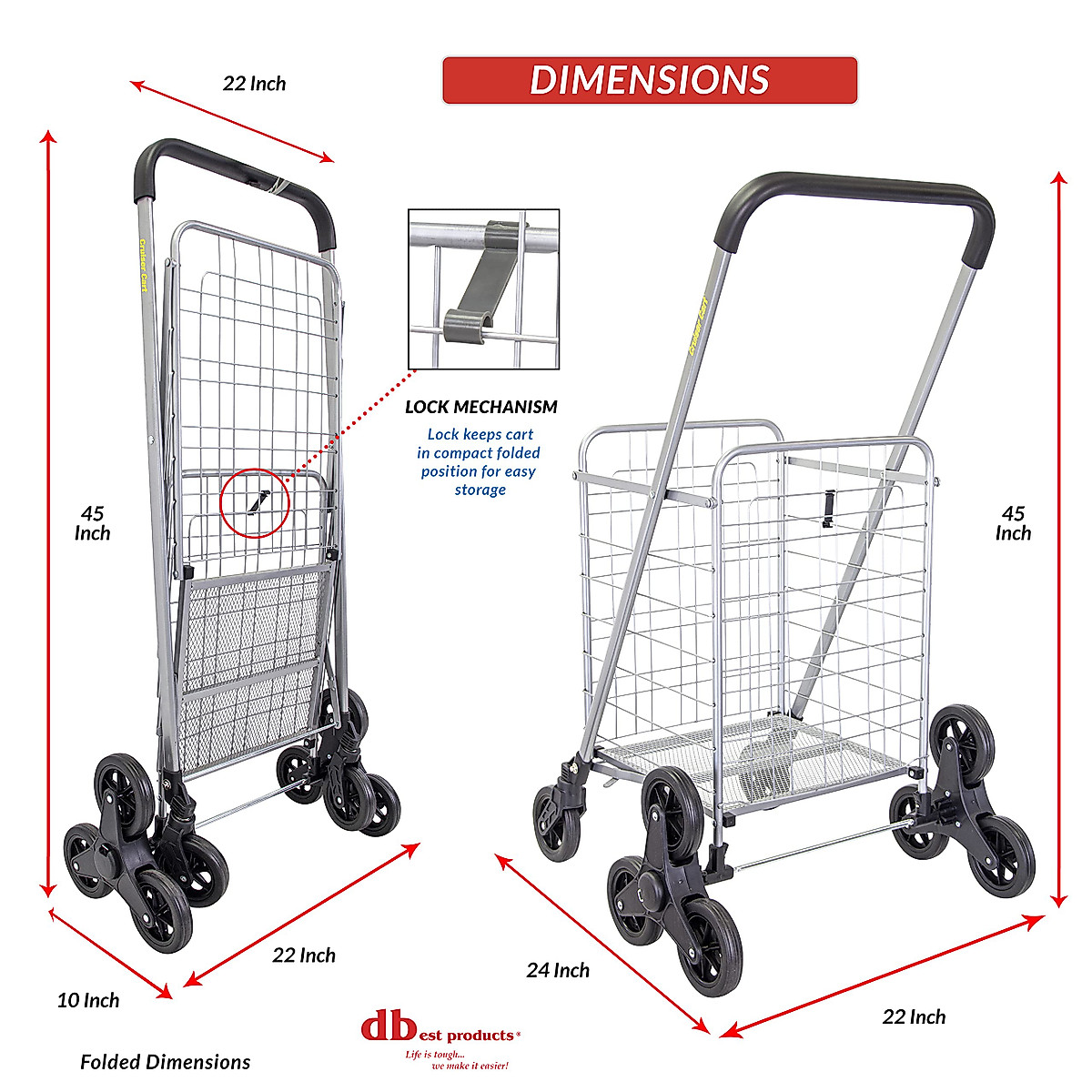 dbest products Stair Climber Cruiser Cart Shopping Grocery Rolling Folding Laundry Basket on Wheels Foldable Utility Trolley Compact Lightweight Collapsible, Silver