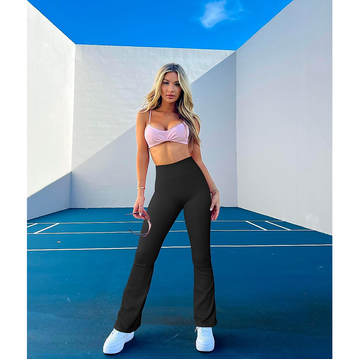 OQQ Women's 2 Piece Yoga Pants Ribbed Seamless Workout High Waist Bell Bottoms Flare Leggings Black Beige