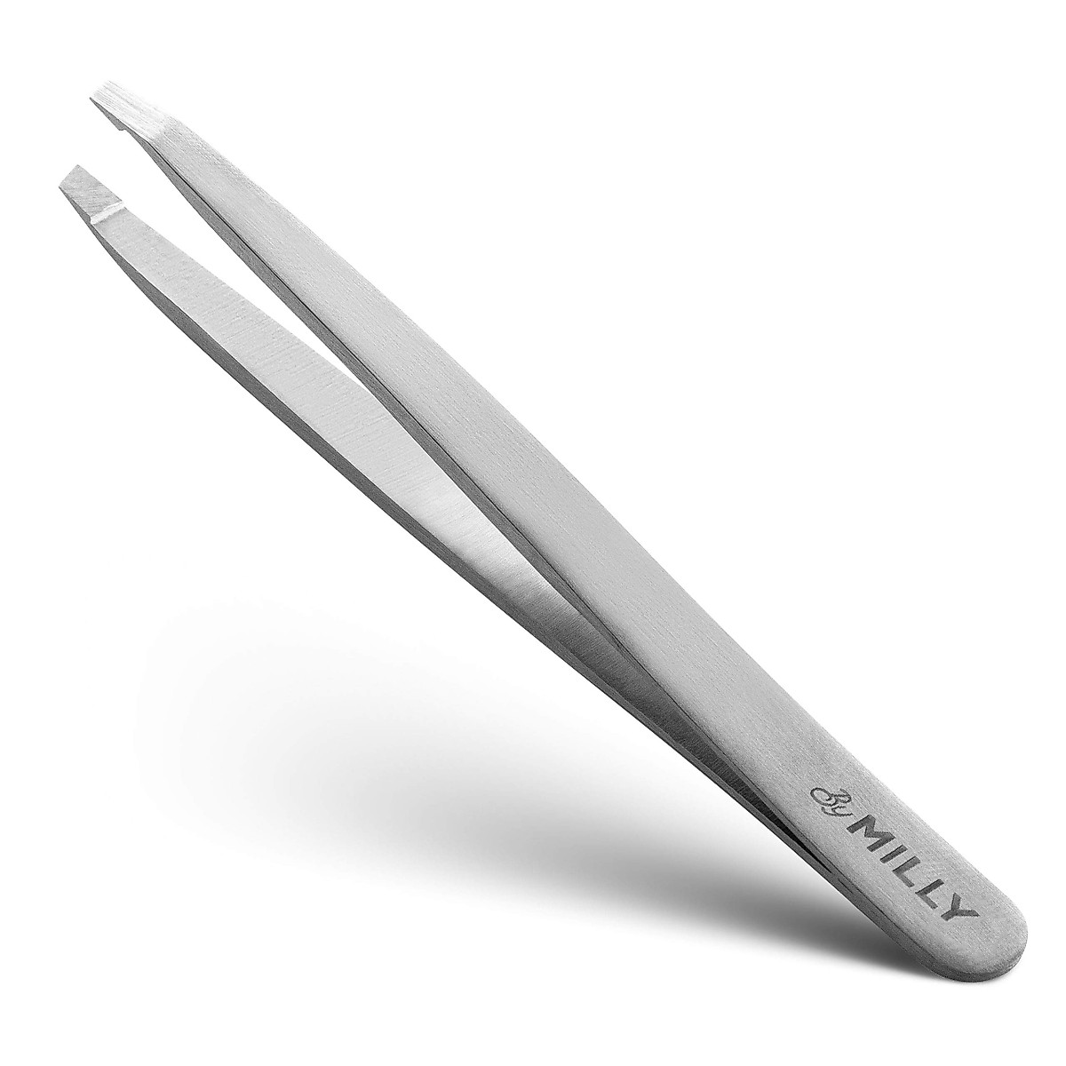 By MILLY Professional Slanted Tweezers for Women & Men | High Carbon Stainless Steel Sharp Tweezers | Tweezers for Women Facial Hair Plucking, Hand-Filed & Aligned Precision Slant Tips - Silver