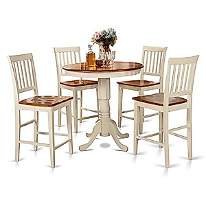 East West Furniture JAVN5-WHI-W 5 Piece Counter Height Dining Set Includes a Round Dining Table with Pedestal and 4 Kitchen Chairs, 36x36 Inch, Buttermilk & Cherry