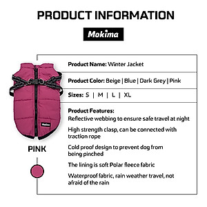 MOKIMA Small Dog Warm Jacket with Leash Attachment - Winter Small Dog Sweater Coat - Small Dog Clothes for Indoor and Outdoor Use - Water Resistant - (Small, Grey)