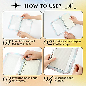 NEWEST A5 6 Ring PVC Planner Budget Binder Cover with Zipper, Blue Gradient Loose Leaf Zip Up Binder Cover, Flashing Clear Notebook Cover Protector for Journal Planner Photo Album Diary Folder