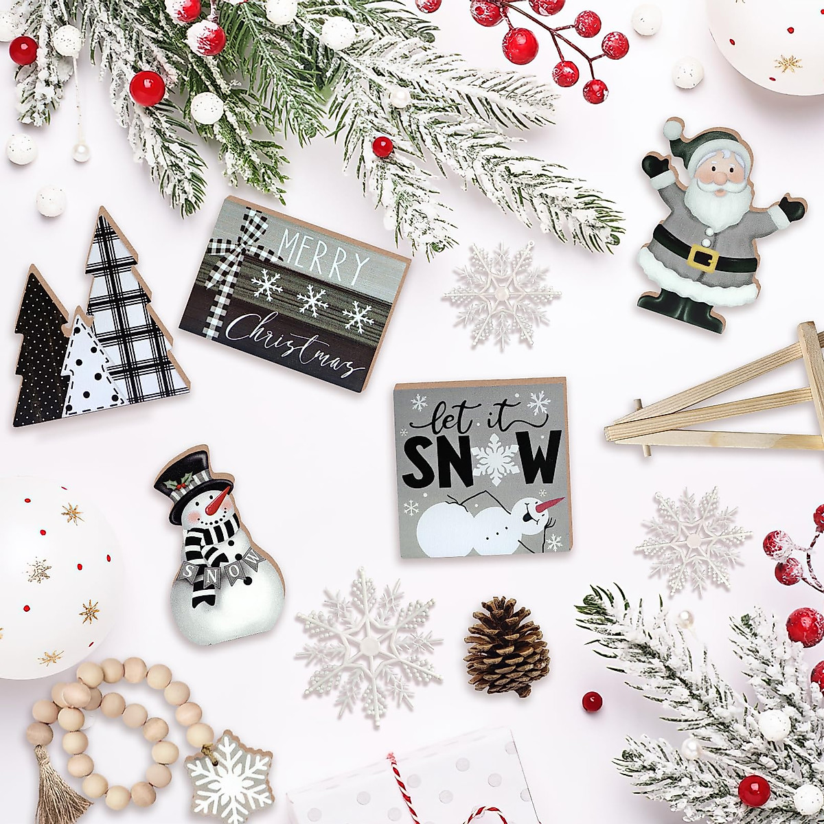 Uruney Merry Christmas Tiered Tray Decor, Grey Xmas Tree Santa Tray Decorations, Gray Snowman Snowflake Let It Snow Wooden Signs, Holiday Rustic Farmhouse Home Decor for Table Shelf Mantel Party