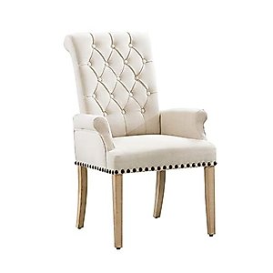 FUNESI Linen Wingback Dining Chair,Thick Tufted Upholstered Design with Armrests and Light Color Solid Wood Legs for Kitchen (Beige)
