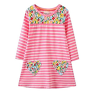 HILEELANG Little Girls Cotton Long Sleeve Casual Pink Stripe Cartoon Appliques Striped Jersey Dresses 5T