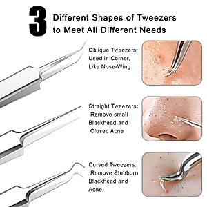FIXBODY Blackhead & Splinter Remover Tools - Stainless Steel Professional Easily Cure Pimples Whiteheads Comedones Acne Zit Ingrown Hairs and Facial Impurities Bend Head Tweezer Surgical Kit (14 PCS)