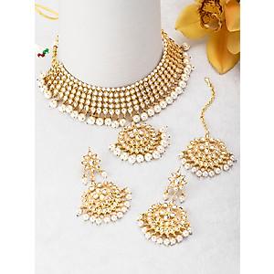 Aheli Kundan Pearls Designer Necklace Earrings Maang Tikka Set Indian Traditional Ethnic Engagement Wedding Party Wear Jewelry for Women