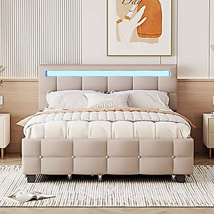 ATY Upholstered Queen Size Bed with Twin-XL Trundle and Two Drawers, Linen Fabric Platform Bedframe w/Lighting& Button Tufted Headboard, Save Space, 86.6" L X 64.6" W X 43.7" H, Beige