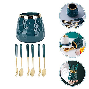 BESTonZON 1 Set Fork Spoon Ceramic Jar Dessert Fork Serving Spoon Utensil Holder for Storage Yogurt Spoons Tabletop Decor Utensil Supply Silverware Kitchen Utensil Phnom Penh Ceramics Coffee