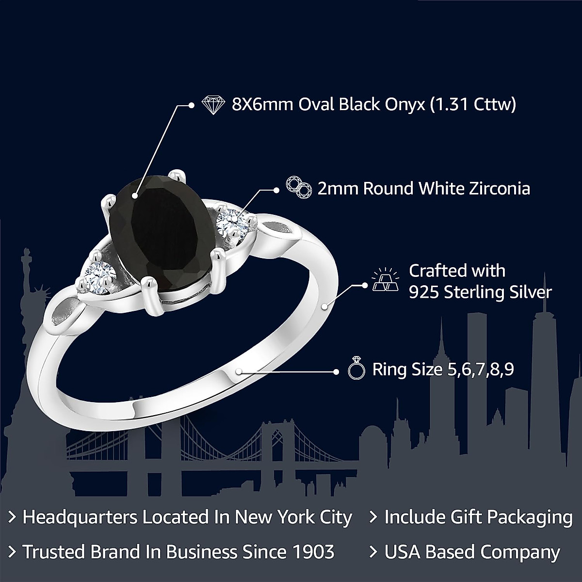 Gem Stone King 925 Sterling Silver Black Onyx 3 Stone Ring For Women | 1.31 Cttw | Gemstone December Birthstone | Oval 8X6MM | Available In Size 5, 6, 7, 8, 9