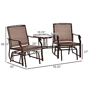 Outsunny Outdoor Glider Chairs with Coffee Table, Patio 2-Seat Rocking Chair Swing Loveseat with Breathable Sling for Backyard, Garden, and Porch, Brown