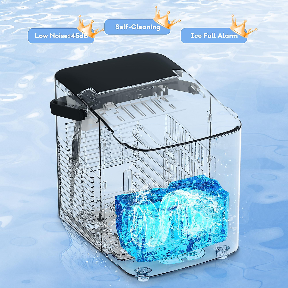 ZAFRO Countertop Ice Makers,Ice Maker Machine 8 Bullet Ice of 2 Sizes in 9 Mins, 26.5lbs/24H, Portable Ice Maker Self-Cleaning,with Scoop,Handle and Basket,Black