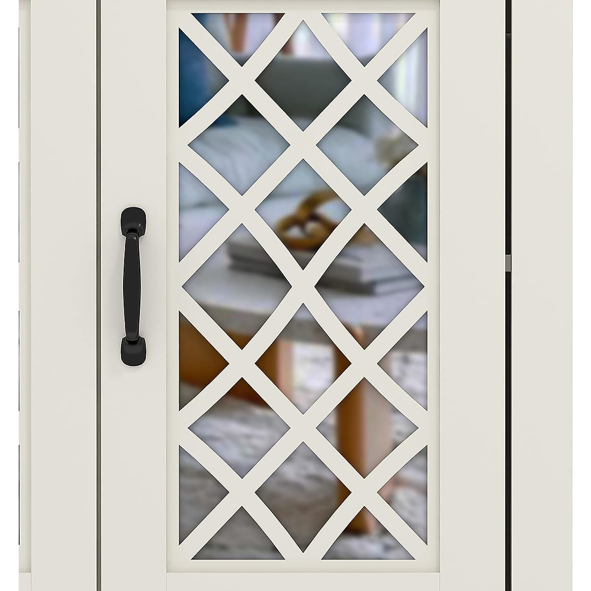 Galano Millicent 3 Door Sideboard with Acrylic Mirrors, Kitchen Buffet Cabinet, Farmhouse Coffee Bar Display Cabinet for Home Kitchen, Living Room, Dining Room and Hallway, Ivory Knotty Grey Oak