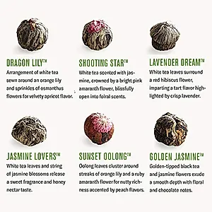 Numi Organic Flowering Tea Gift Set, 6 Handsewn Tea Blossoms & 16-Ounce Glass Teapot, Blooming Tea Flowers