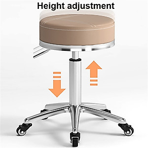 JHKZUDG Round Rolling Stool with Wheels,PU Leather Height Adjustable Salon Stool,Esthetician Chair Tattoo Stool with 360° Swivel,for Spa/Salon/Tattoo Work,Camel