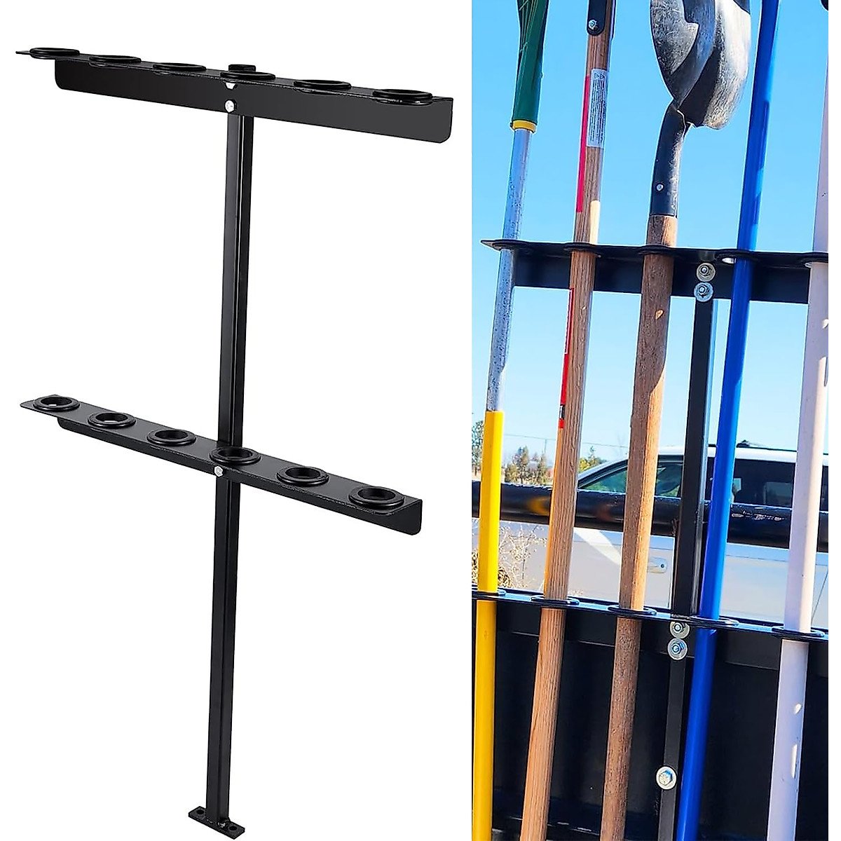 TECTRUC Vertical Hand Rack Landscape Hand Tool Rack,6 Holes Long Handle Tool Storage Holder for Truck Trailer& Garage or Shed Walls Holds 6 Tools for Shovels, Rakes, Hoes（1 Pack, Black）