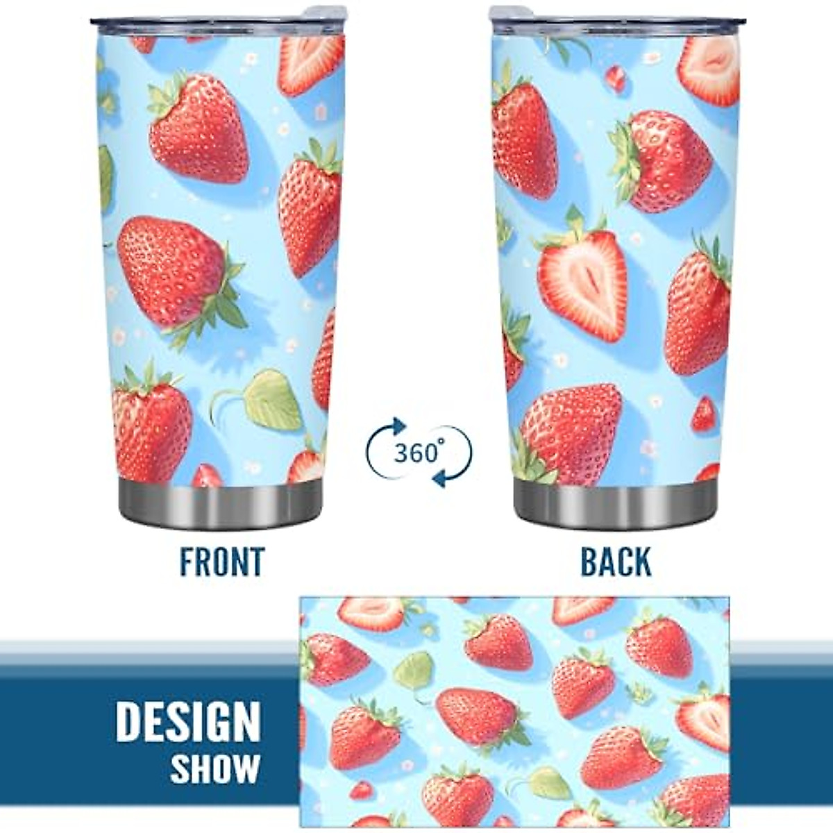 QWEUIOP 20oz Insulated Travel Coffee Mug Fruits Strawberry Pattern Stainless Steel Tumbler with Lid Double Wall Vacuum Coffee Cup For Hot and Cold Drinks14578