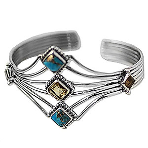 NOVICA Handmade Citrine Cuff Bracelet Composite Turquoise from India .925 Sterling Silver Reconstituted Yellow Blue Island Paradise Birthstone [6 in L (end to End) x 1.6 in W] 'Sunny Allure'