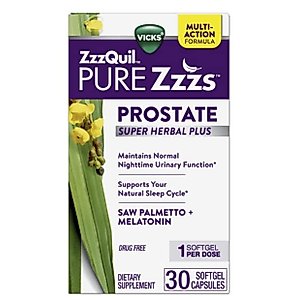 Vicks Zzzquil Pure Zzzs Prostate Super Herbal Blend Nighttime Melatonin Sleep Aid, 30 Softgels