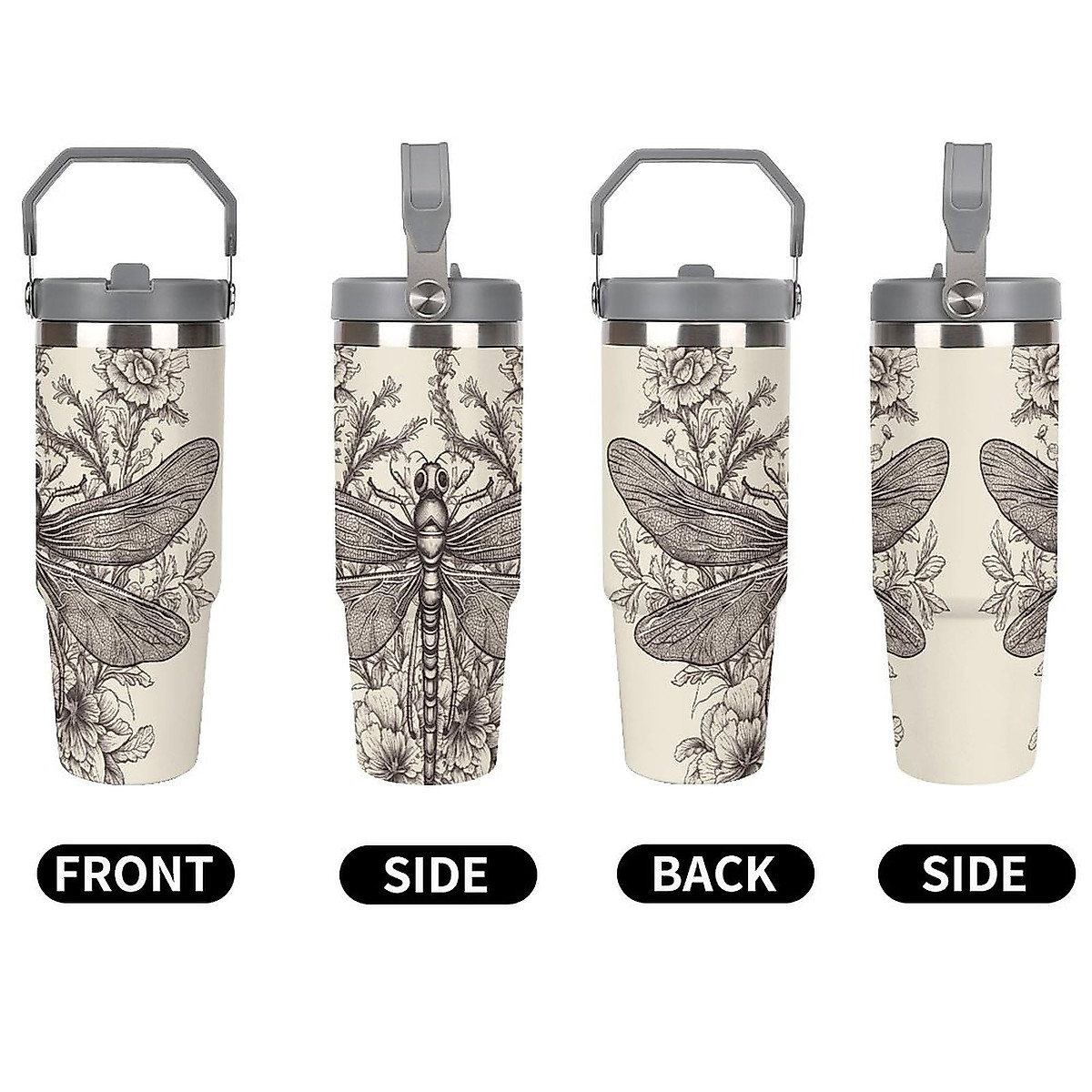 30oz Stainless Steel Insulated Tumbler with Flip Lid & Straw, Leakproof Travel Mug for Car, Hand Drawn Floral Dragonfly Double Wall Vacuum Thermal Coffee Cup with Handle, Spill-Proof Design for Hot/Co