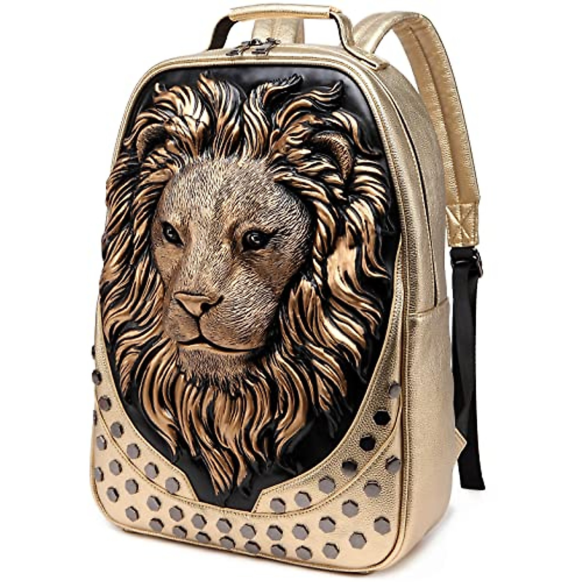 kiisy 3D Lion Head Backpack Bookbag,Designer Travel Laptop Backpack,PU Leather Water Resistant College School Computer Bag (Gold)