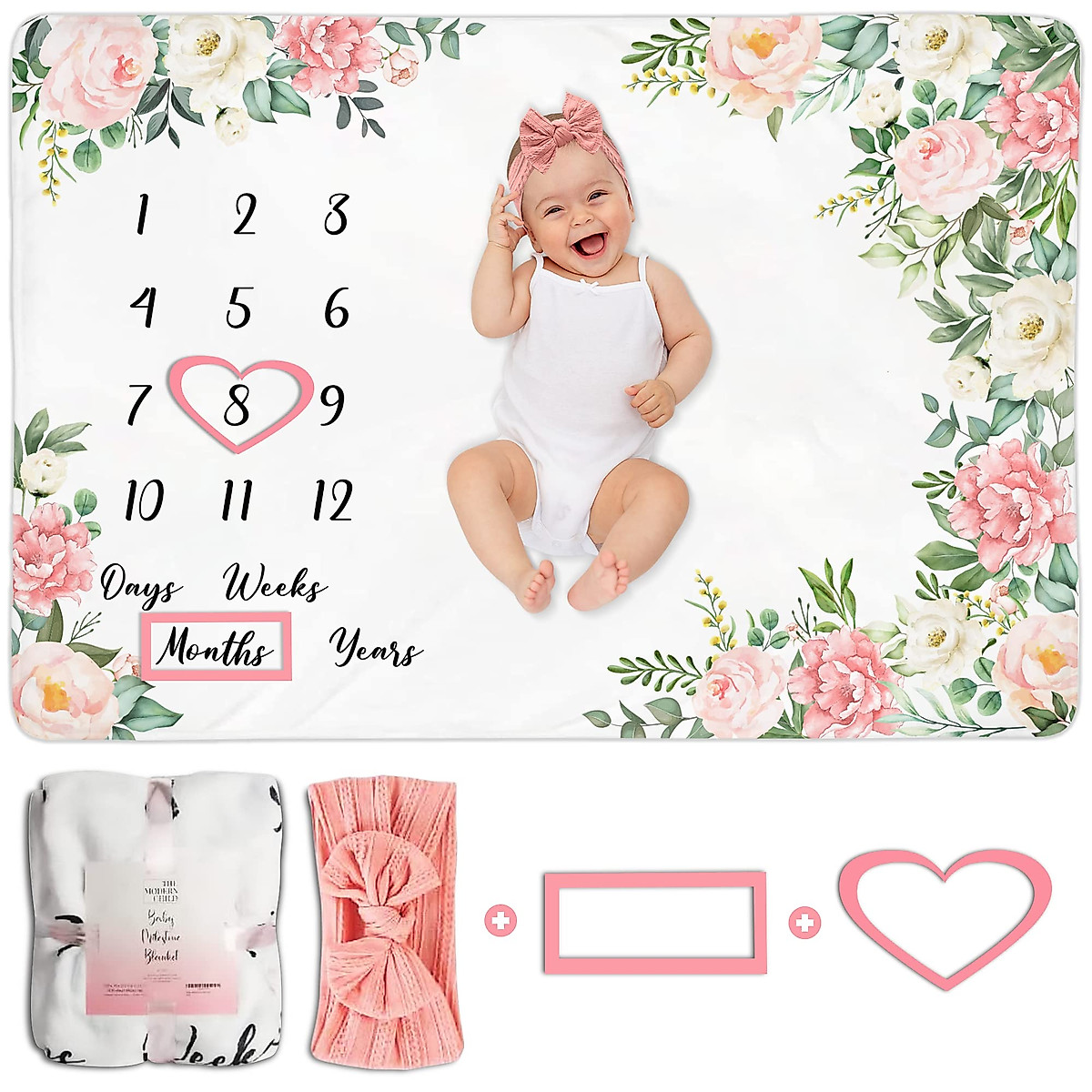 Baby Monthly Milestone Blanket - Personalized Newborn Growth Chart - Customized Soft Fleece Photography Background - Includes Premium Heart, Frame and Pink Bow Headband. 60" X 40"
