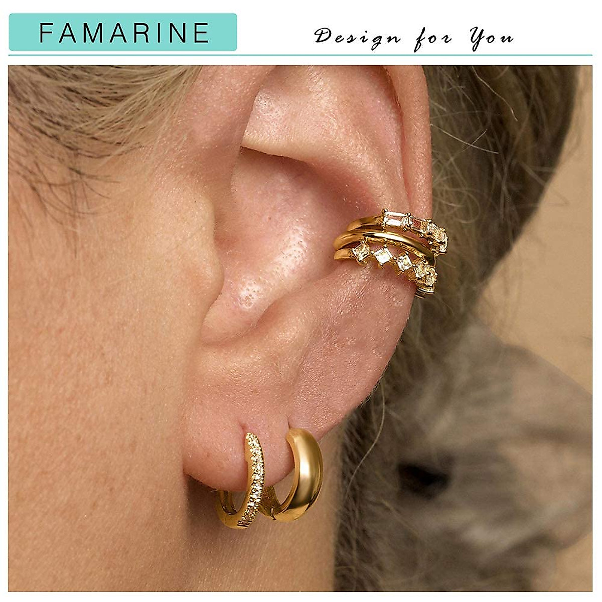FAMARINE 2 Pairs 14K Gold Plated Hoop Huggie Earrings for Women, Minimalist Dainty Hoop Earrings