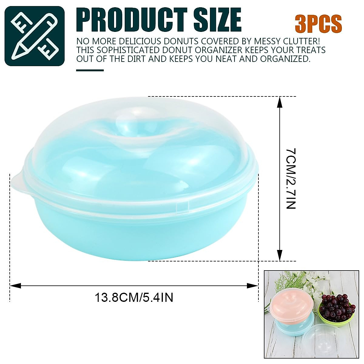 DOERDO 3Pcs Round Bagel Storage Container, Donut Keeper Holder, Round Microwave Safe Containers for Home Kitchen, 3Colors, 5.4x5.4x2.7Inch