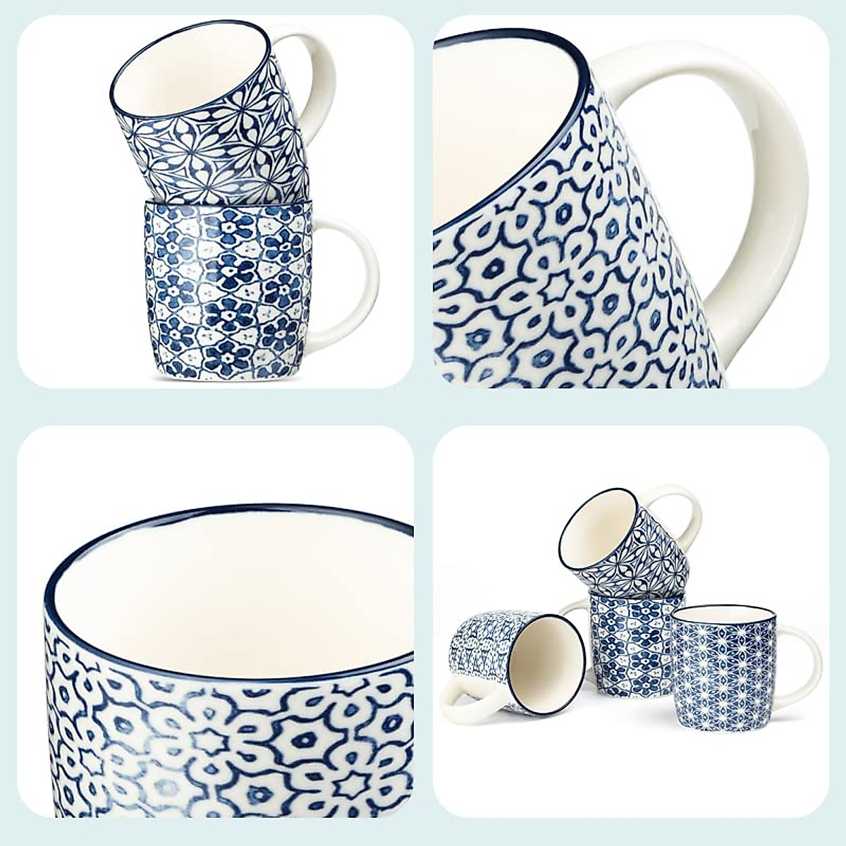 Set of 4 12 oz Coffee Mugs with Blue and White Geometric Patterns, Ceramic Tea Cup Set, Gift for Friends (Set 1)