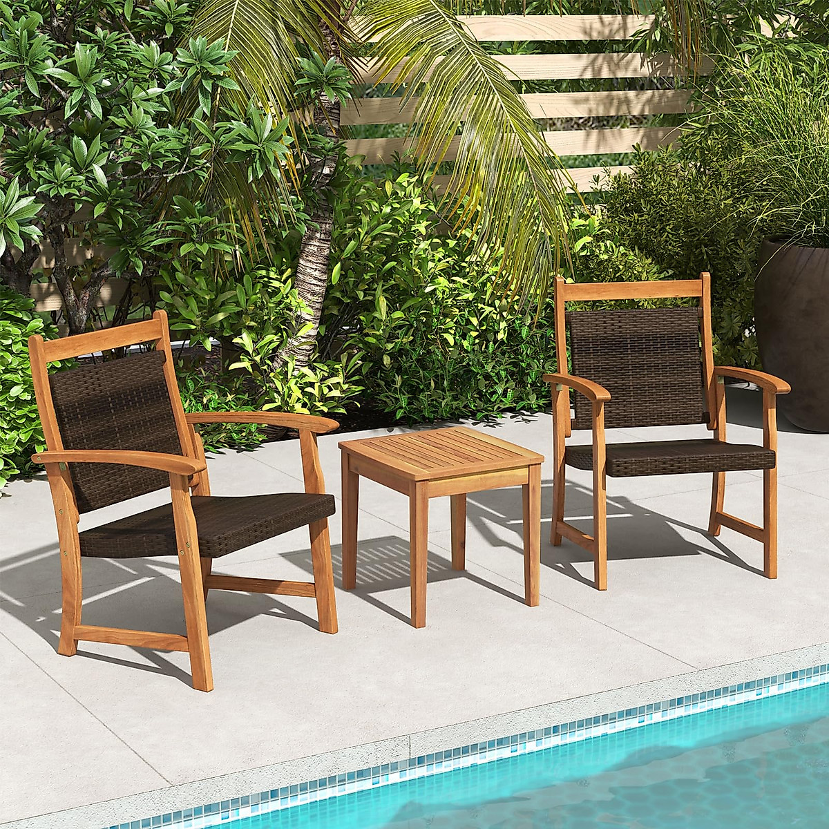 HAPPYGRILL 3 Pieces Rattan Wood Bistro Set, Patio Wicker Chairs Set with Acacia Wood Side Table, Outdoor Sofa Furniture Set for Yard Garden Porch Poolside