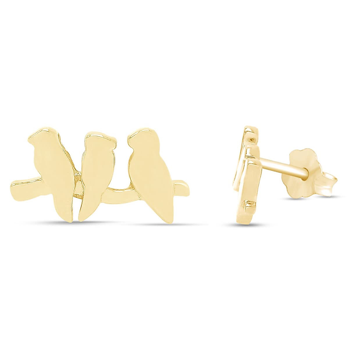 Tiny Lovely Three Birds Line Post Stud Earrings Jewelry For Women in 14k Gold Over Sterling Silver With Push Back (yellow-gold-plated-silver)