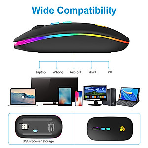 CC Store LED Wireless Bluetooth Mouse &2.4GHz Instant Connection,Rechargeable Ultra Silent Slim,3 Adjustable DPI 2 Connection Modes with USB-C to USB Adapter for Laptop/MacBook/PC/Tablet/iPad (Black)